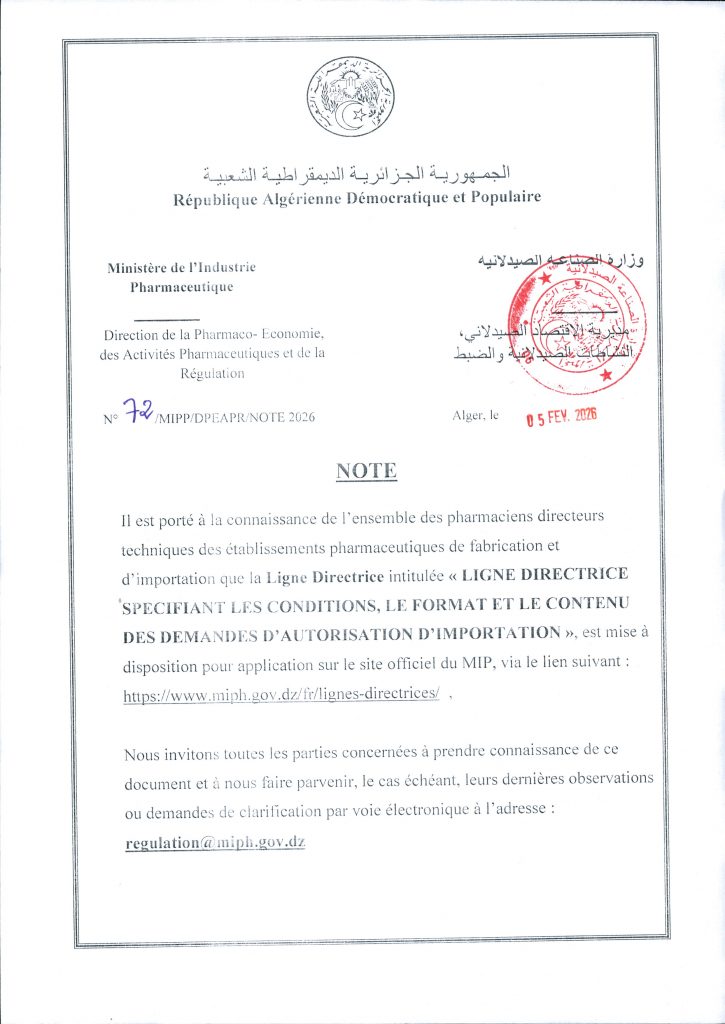 Note aux établissements pharmaceutiques de fabrication et d'importation ...
